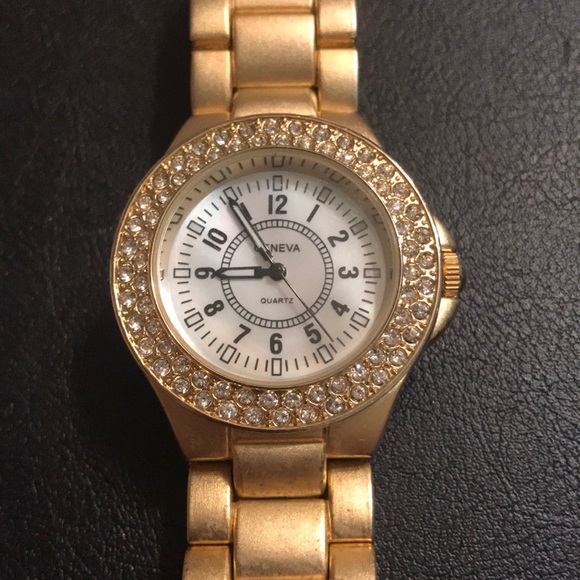 Accessories | Brushed Gold Metal Band Geneva Watch | Poshmark